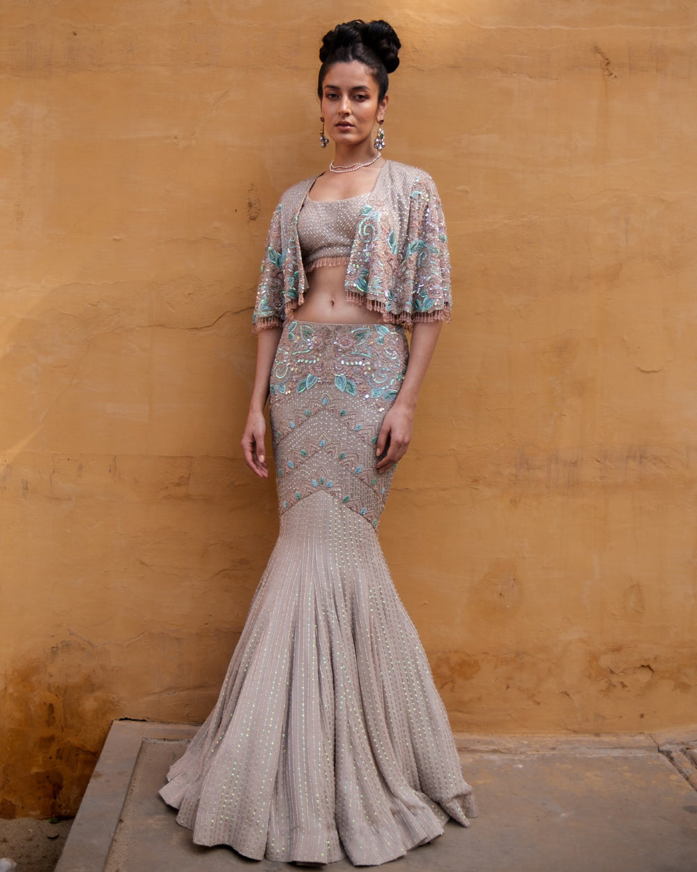 Meadow Fishtail Lehenga and Cape Set